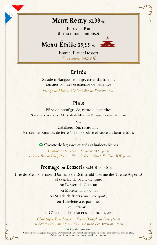 Menu du Bistrot chez Rémy au Parc Walt Disney Studios - Restaurants ...