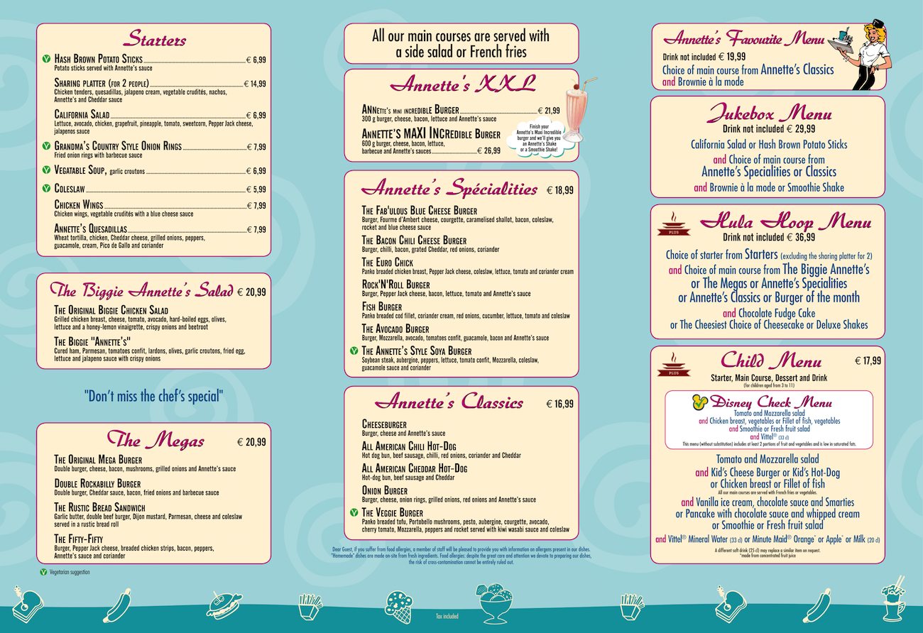 Annette’s Diner Menu at Disney Village