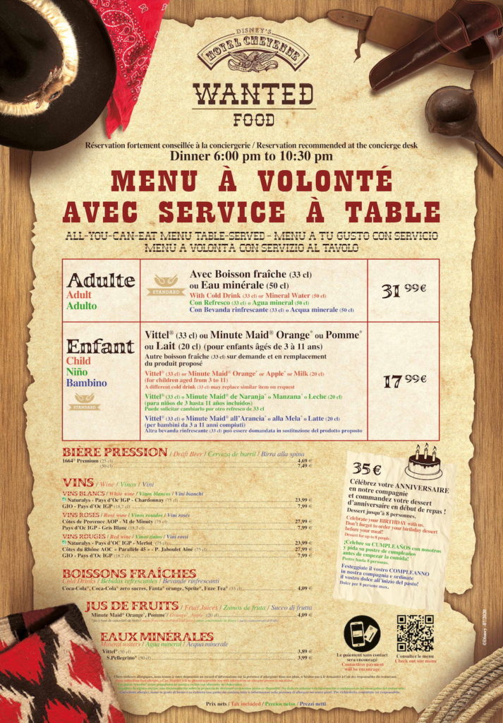 Menu du Chuck Wagon Cafe au Disney’s Hôtel Cheyenne - Restaurants ...